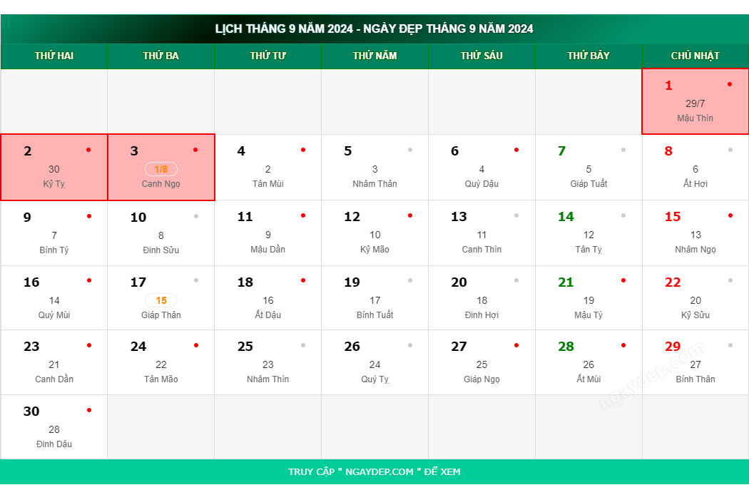 Lịch vạn niên tháng 9 năm 2024 - Xem lịch âm dương tháng 9/2024